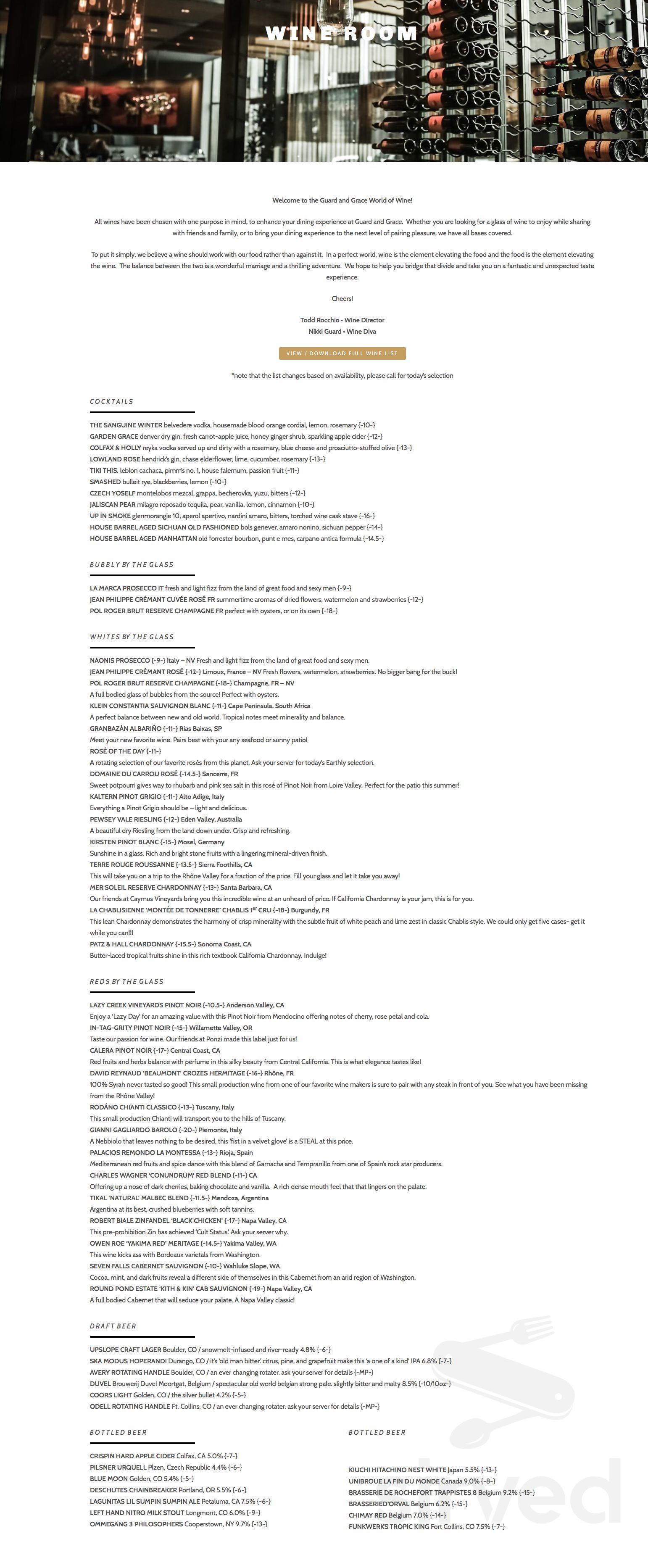 Guard and Grace menu in Denver, Colorado, USA