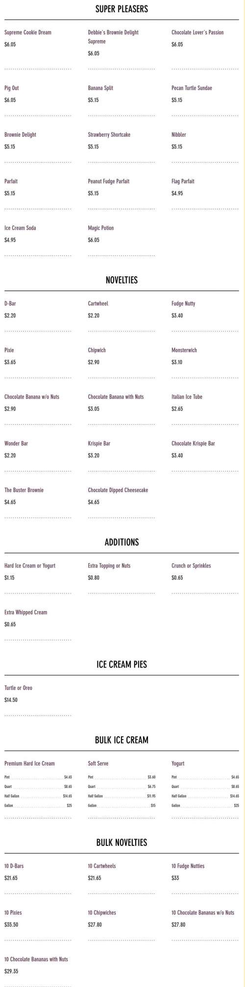 Carls Ice Cream Factory Menu In Normal Illinois Usa
