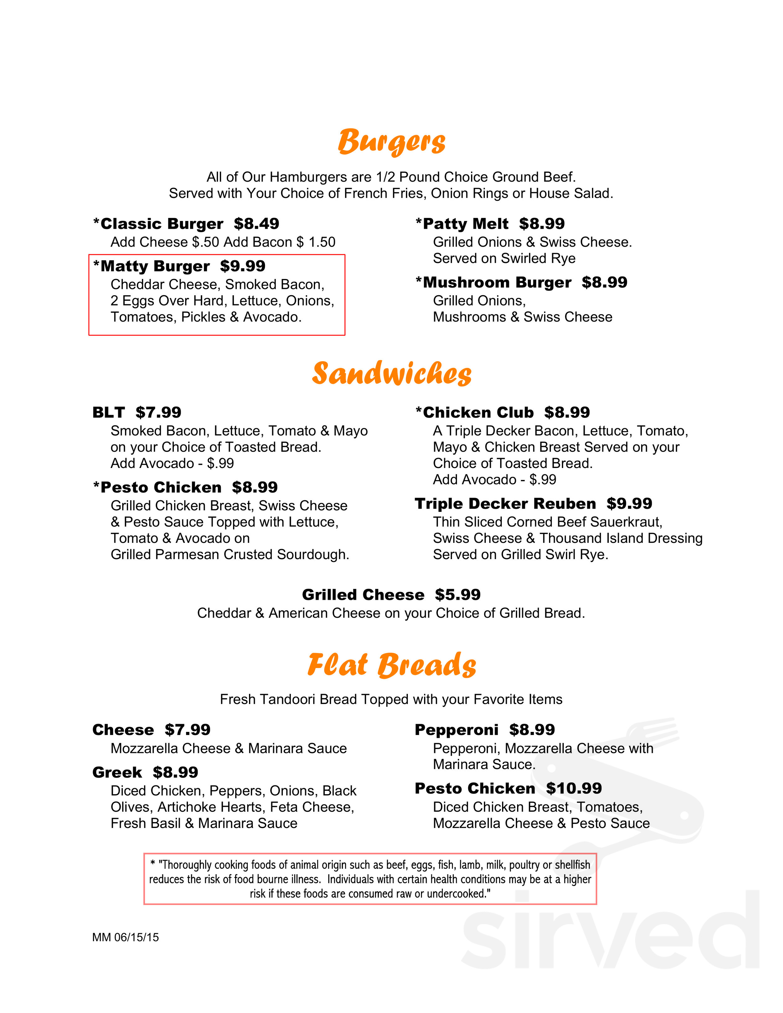 Menu for Mad Matty's Bar & Grill in Las Vegas, Nevada, United States