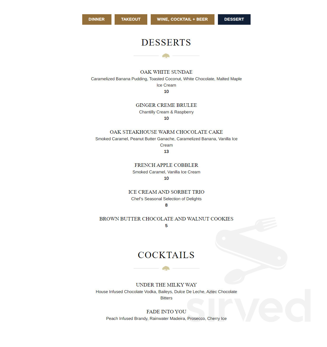 Oak Steakhouse menu in Alexandria, Virginia, USA