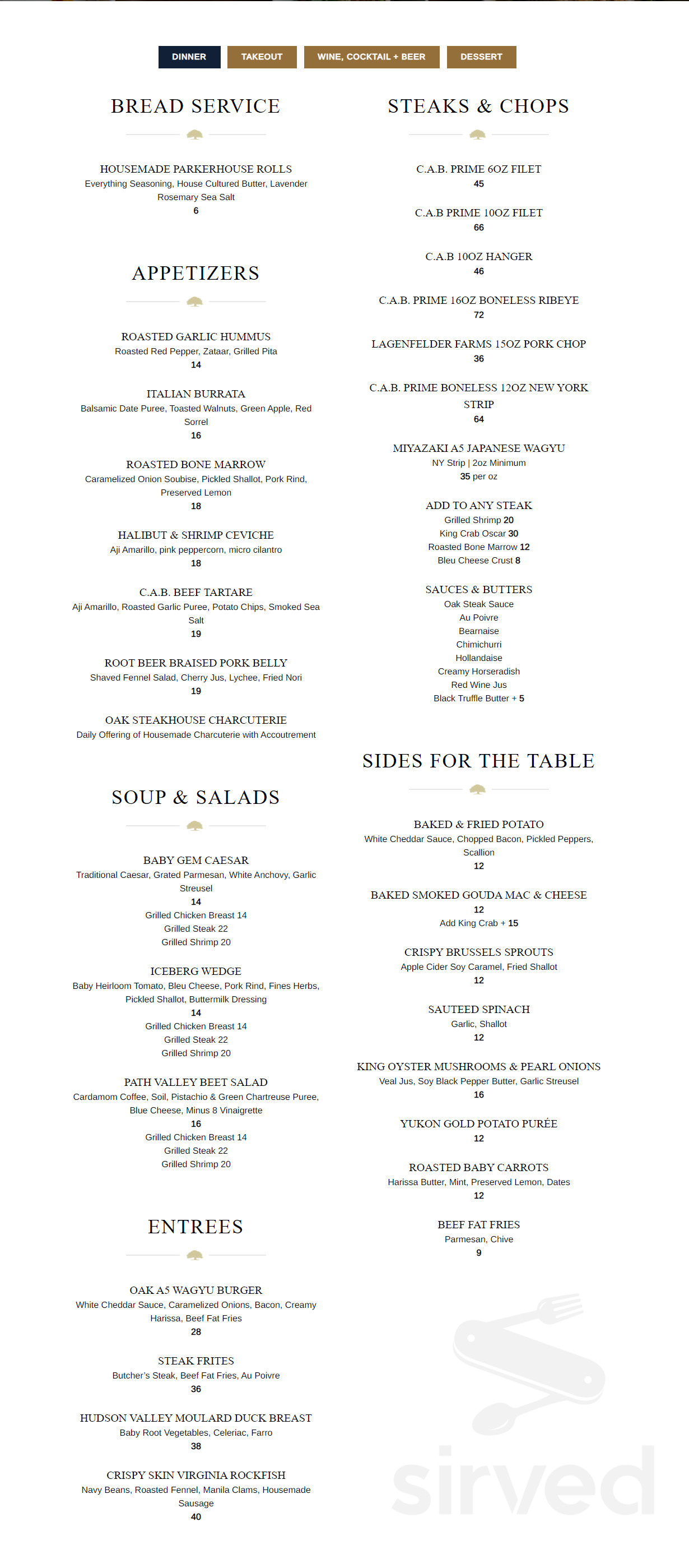 Oak Steakhouse menu in Alexandria, Virginia, USA