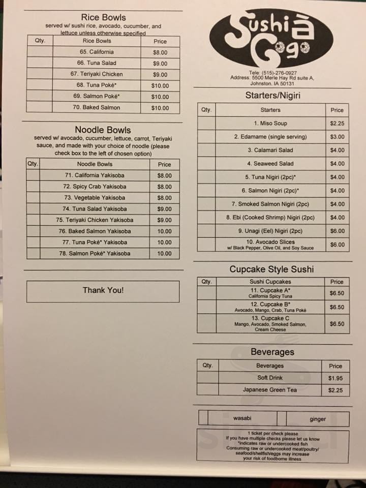 Sushi a Go Go menu in Johnston, Iowa, USA