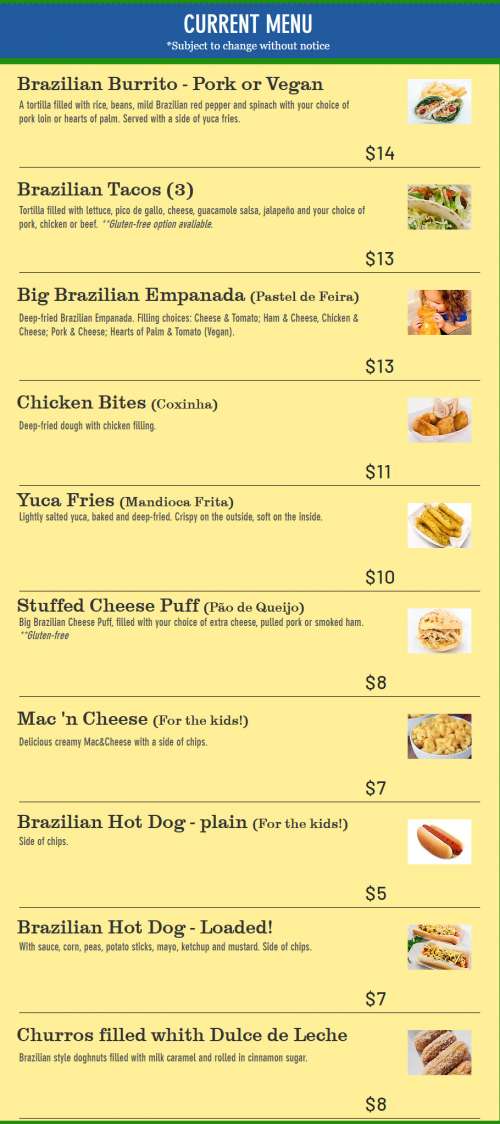 Brazilian Munchies menu in University Park, Pennsylvania, USA