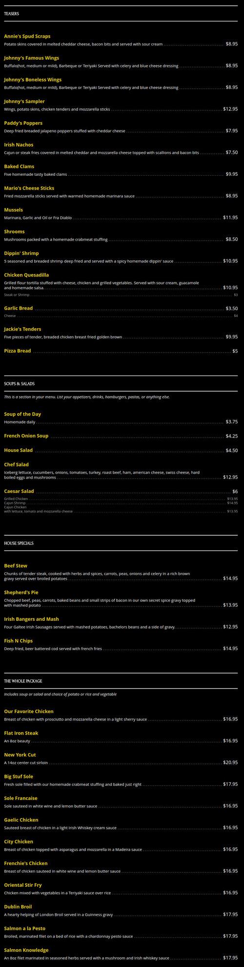 Johnny McGorey's Pub menu in Massapequa Park, New York, USA
