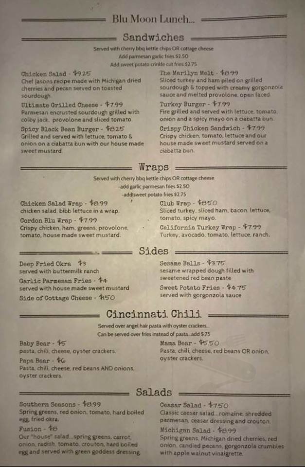 Blu Moon menu in Ludington, Michigan, USA