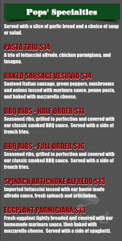 Pops' Pizzeria menu in Waterford, Wisconsin, USA