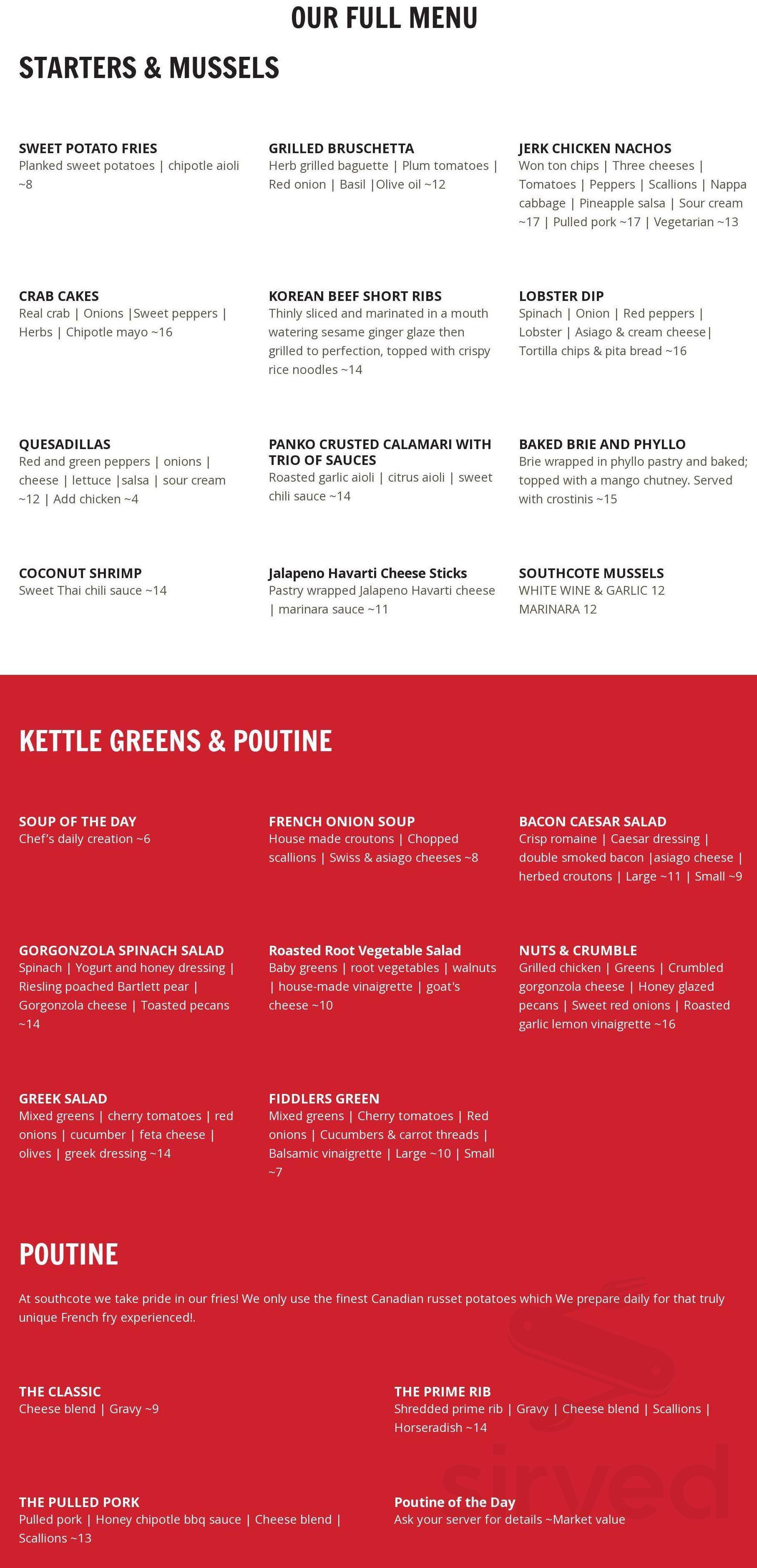 Southcote 53 Tap and Grill menu in Ancaster, Ontario, Canada