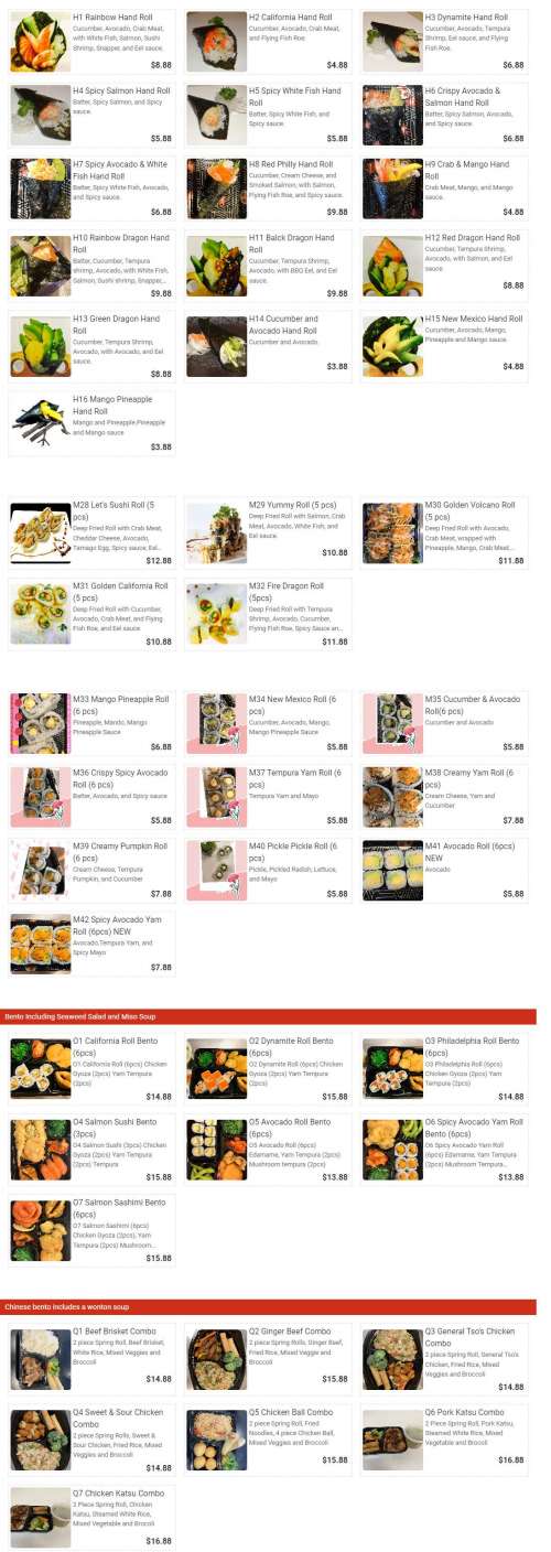 Let's Sushi menu in Regina, Saskatchewan, Canada