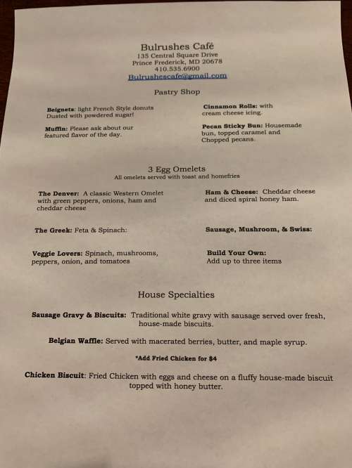 Bulrushes Cafe menu in Prince Frederick, Maryland, USA
