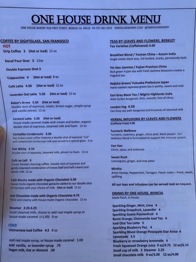 One House Bakery menu in Benicia, California, USA