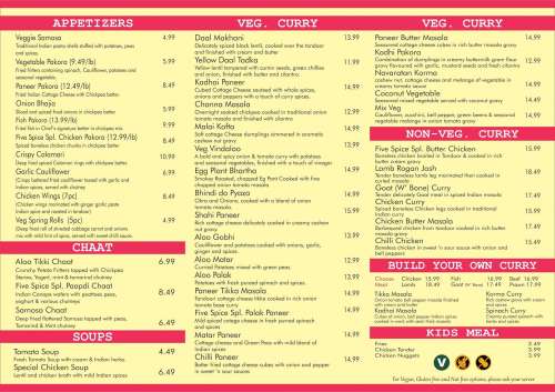 Five Spice Indian Cuisine menu in Victoria, British Columbia, Canada