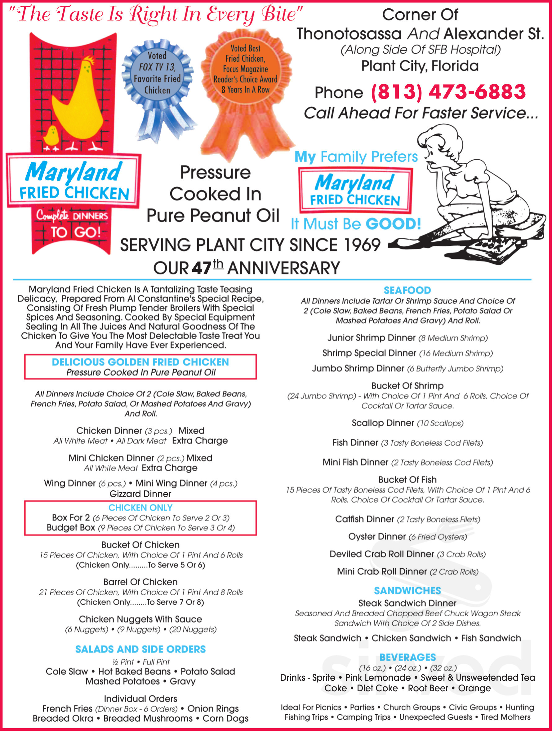 Menu for Maryland Fried Chicken in Plant City, FL | Sirved
