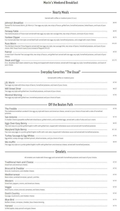 Morin's Hometown Bar & Grille menu in Attleboro, Massachusetts, USA