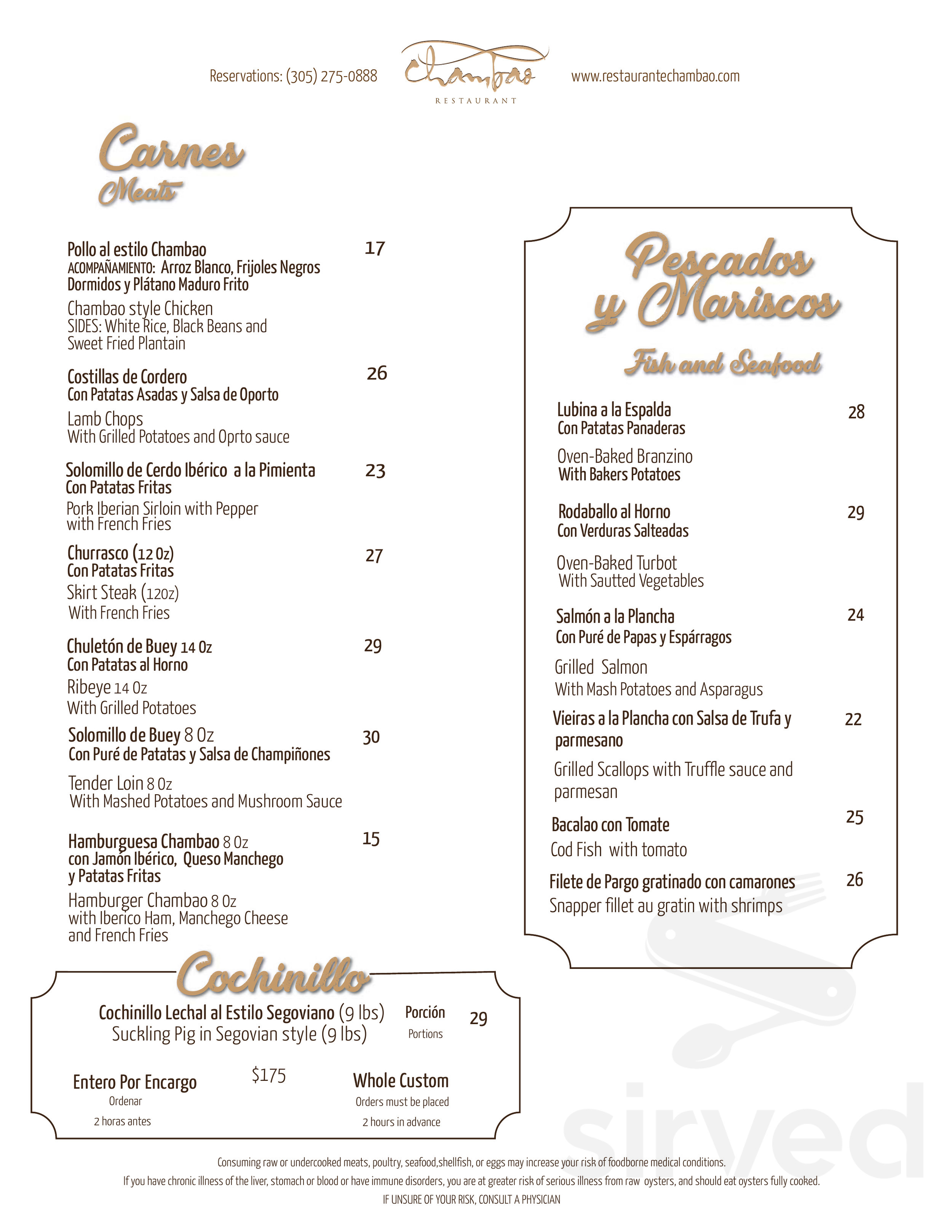 Menu for Chambao Restaurant in Miami, Florida, United States