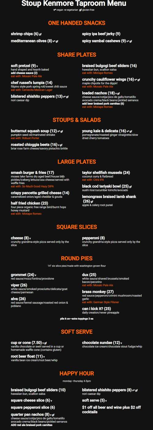 Stoup Brewing Kenmore menu in Kenmore, Washington, USA