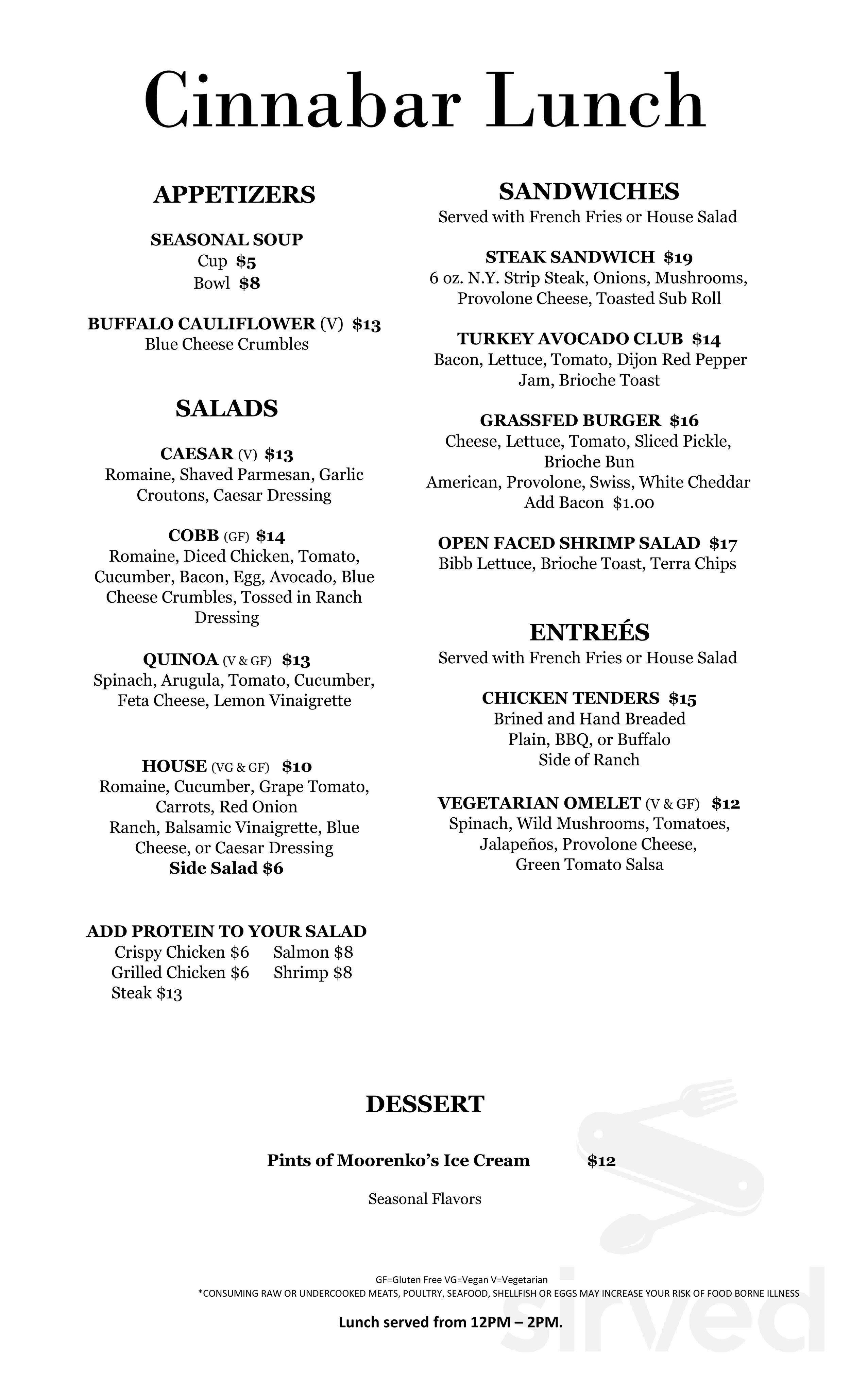 Cinnabar menu in Arlington, Virginia, USA