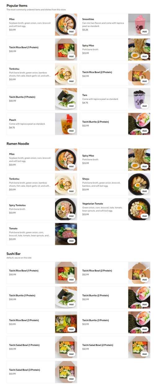 TaiChi Bubble Tea menu in Niagara Falls, New York, USA