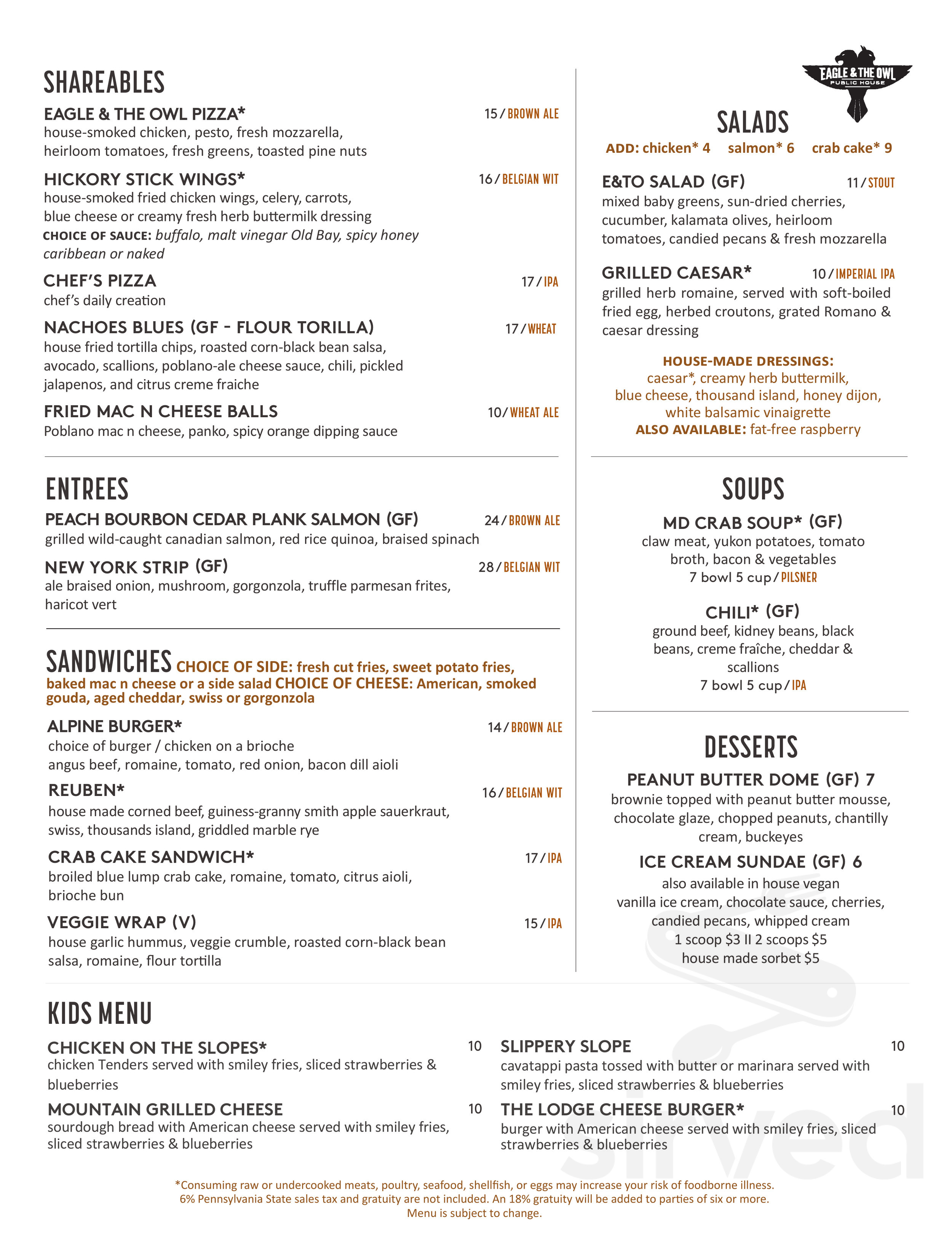 Eagle & The Owl menu in Fairfield, Pennsylvania, USA
