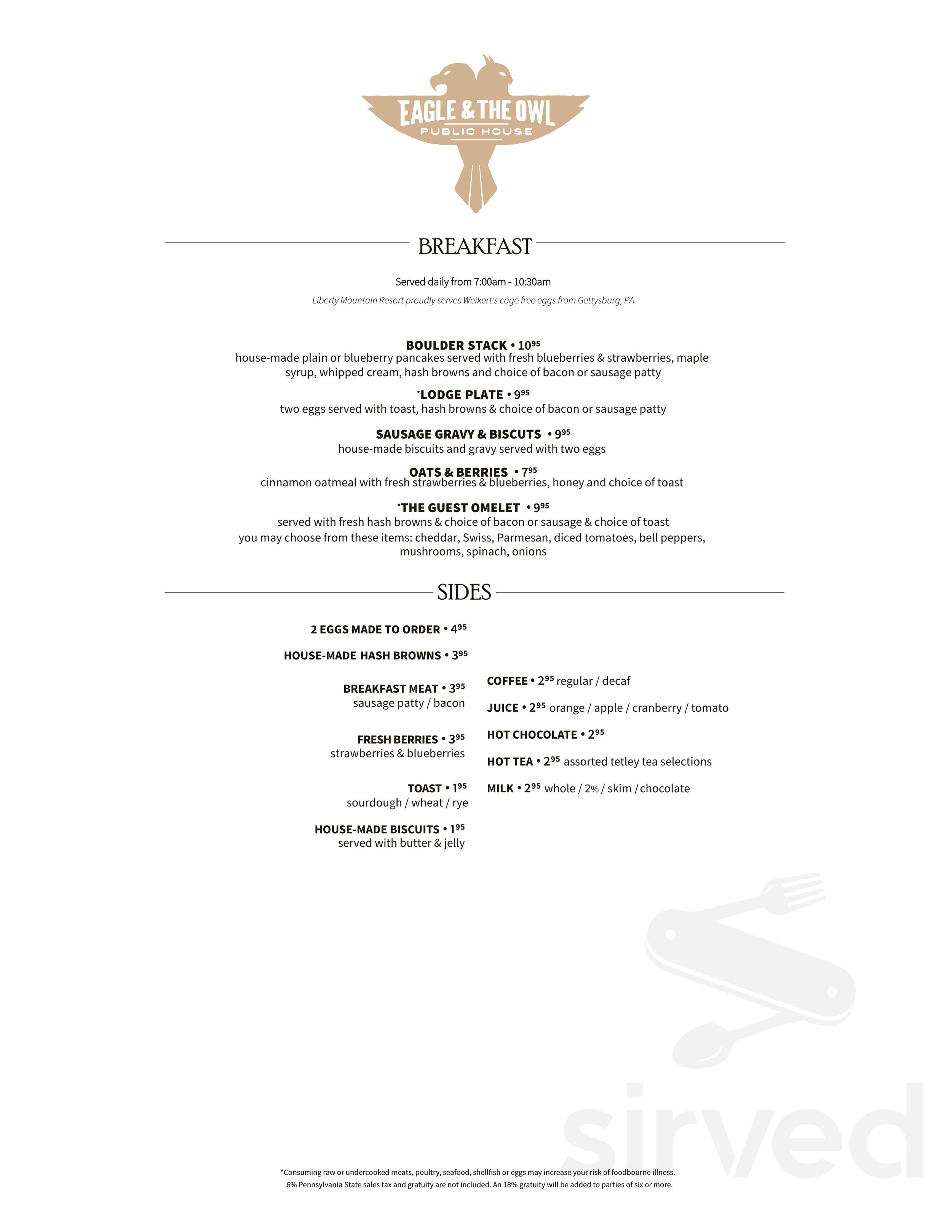 Eagle & The Owl menus in Fairfield, Pennsylvania, United States