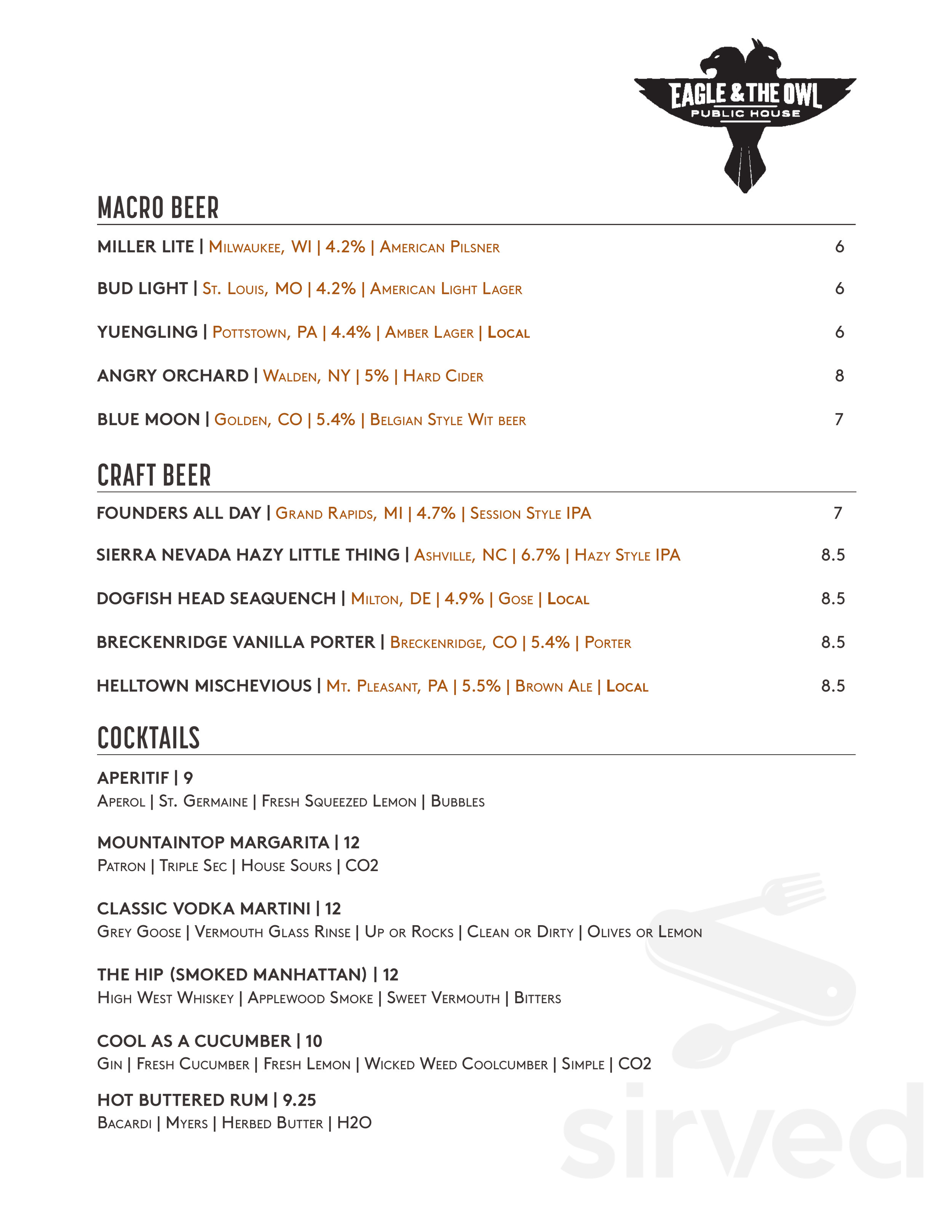 Eagle & The Owl menus in Fairfield, Pennsylvania, United States