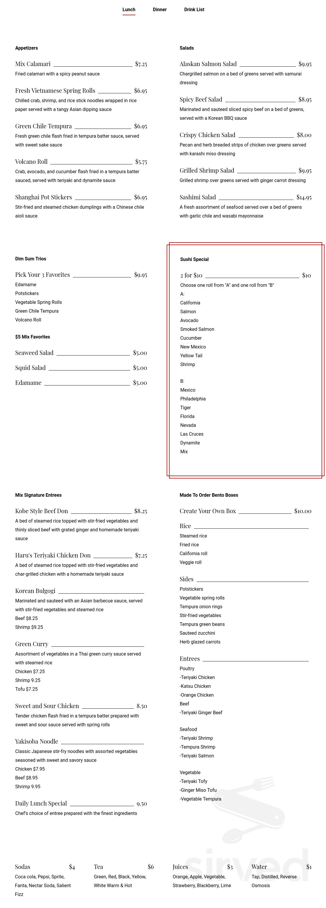 Mix Pacific Rim Cuisine menu in Las Cruces, New Mexico, USA