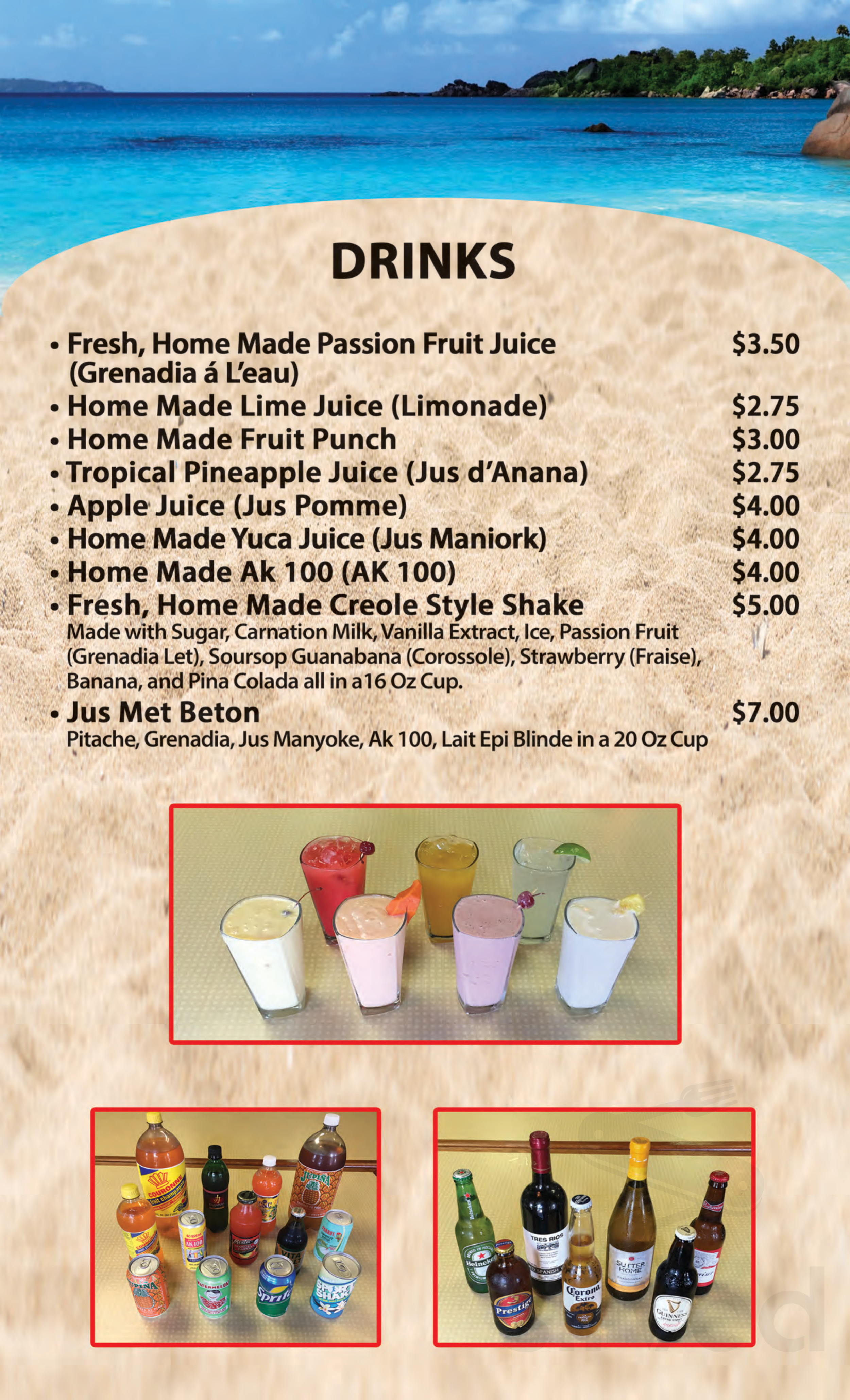 Unique Park menu in Pompano Beach, Florida, USA