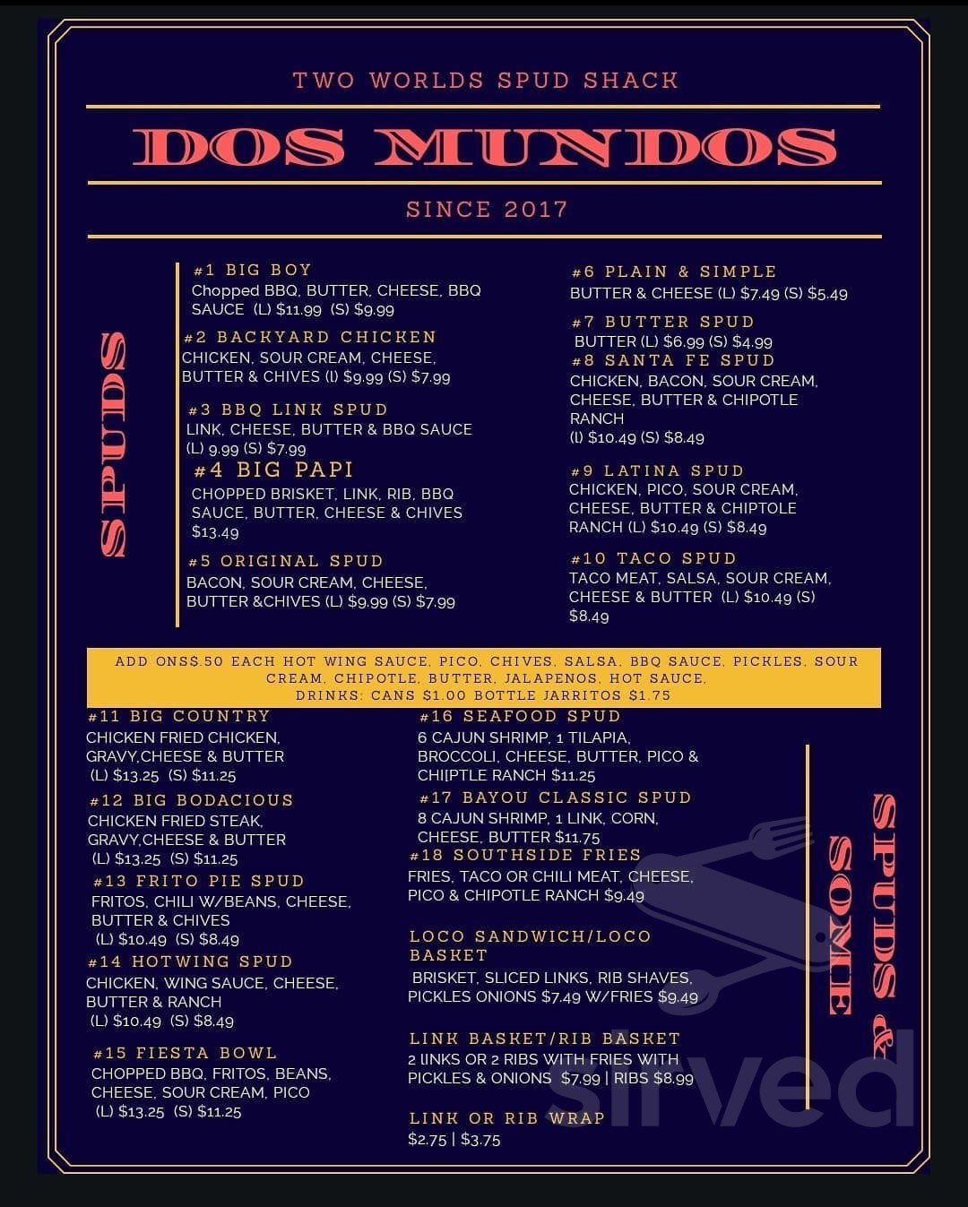 Menu for Dos Mundos Spud Shack in Waco, TX | Sirved