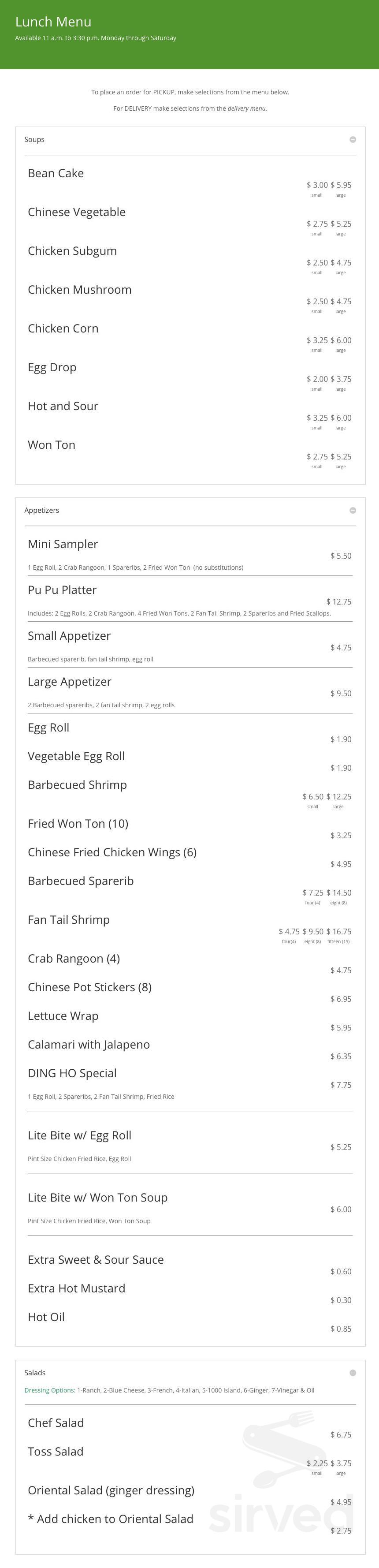 Ding Ho Restaurant menu in Columbus, Ohio, USA