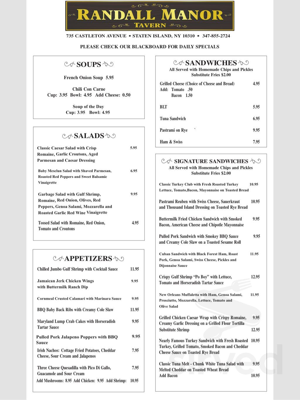 Randall Manor Tavern menu in Staten Island, New York, USA