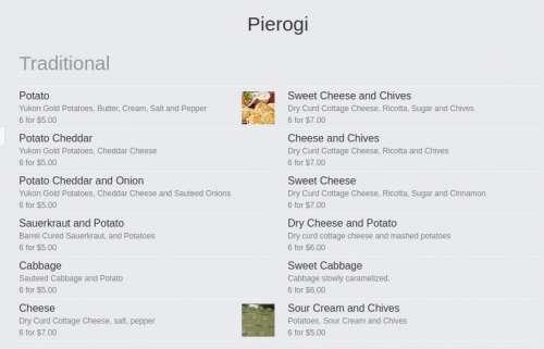 The Pierogi Lady menu in Akron, Ohio, USA