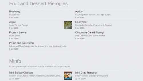 The Pierogi Lady menu in Akron, Ohio, USA