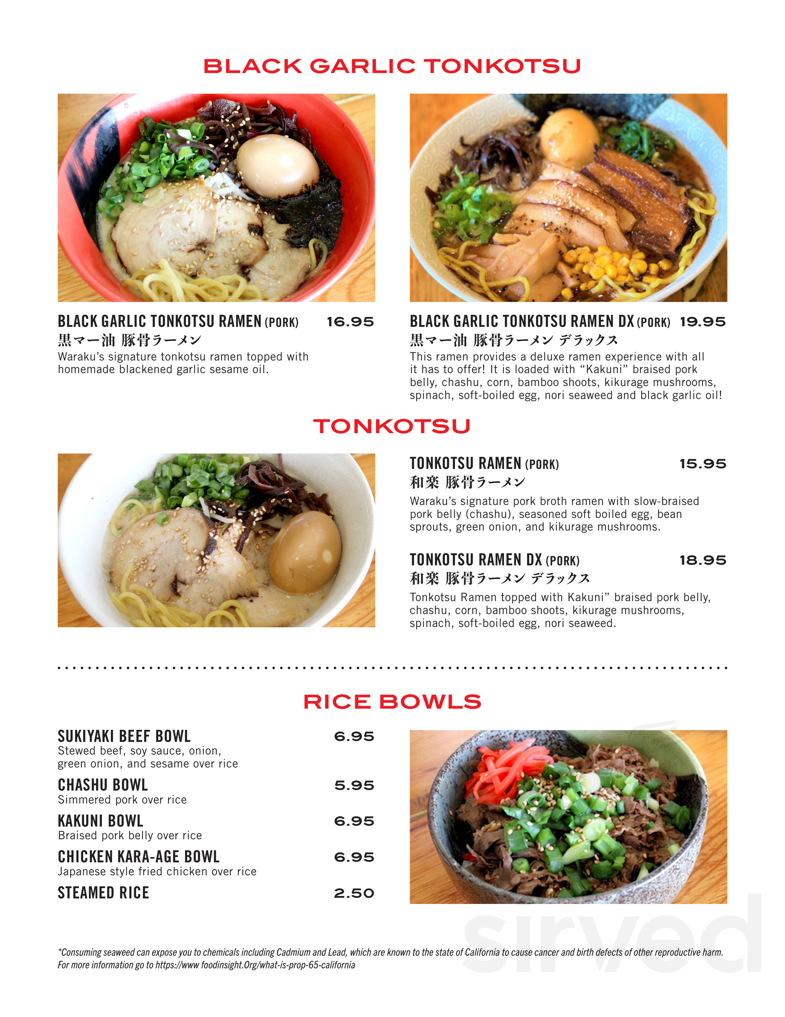 Waraku menu in San Francisco, California, USA