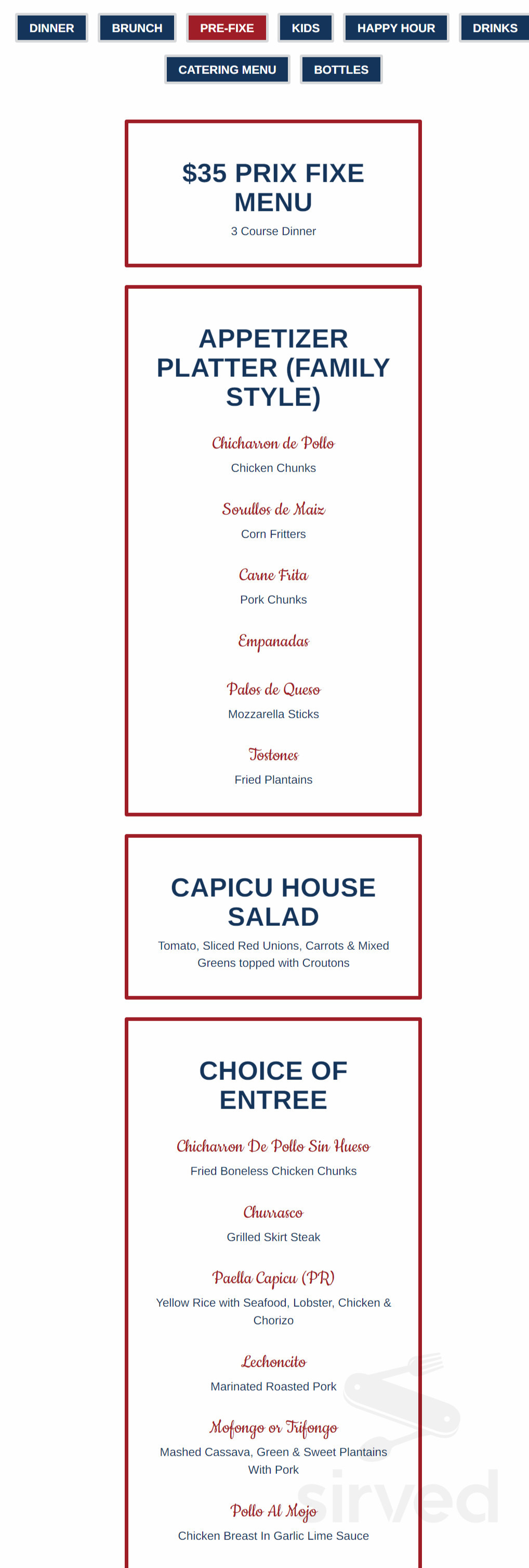 Menu for Capicu Latin Cuisine & Sport Bar in Middletown, NY | Sirved