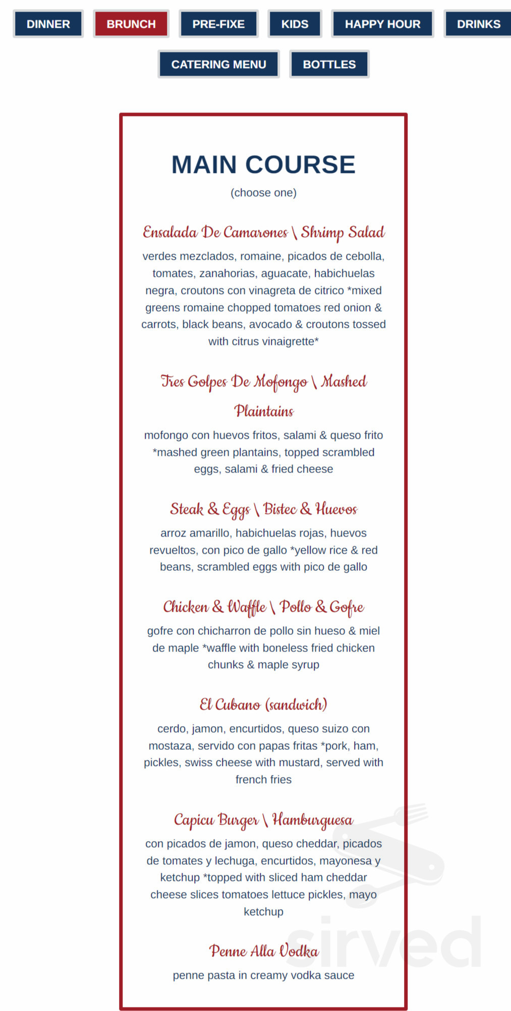 Menu for Capicu Latin Cuisine & Sport Bar in Middletown, NY | Sirved