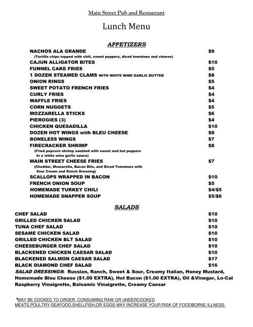 Main Street Pub menu in Bally, Pennsylvania, USA