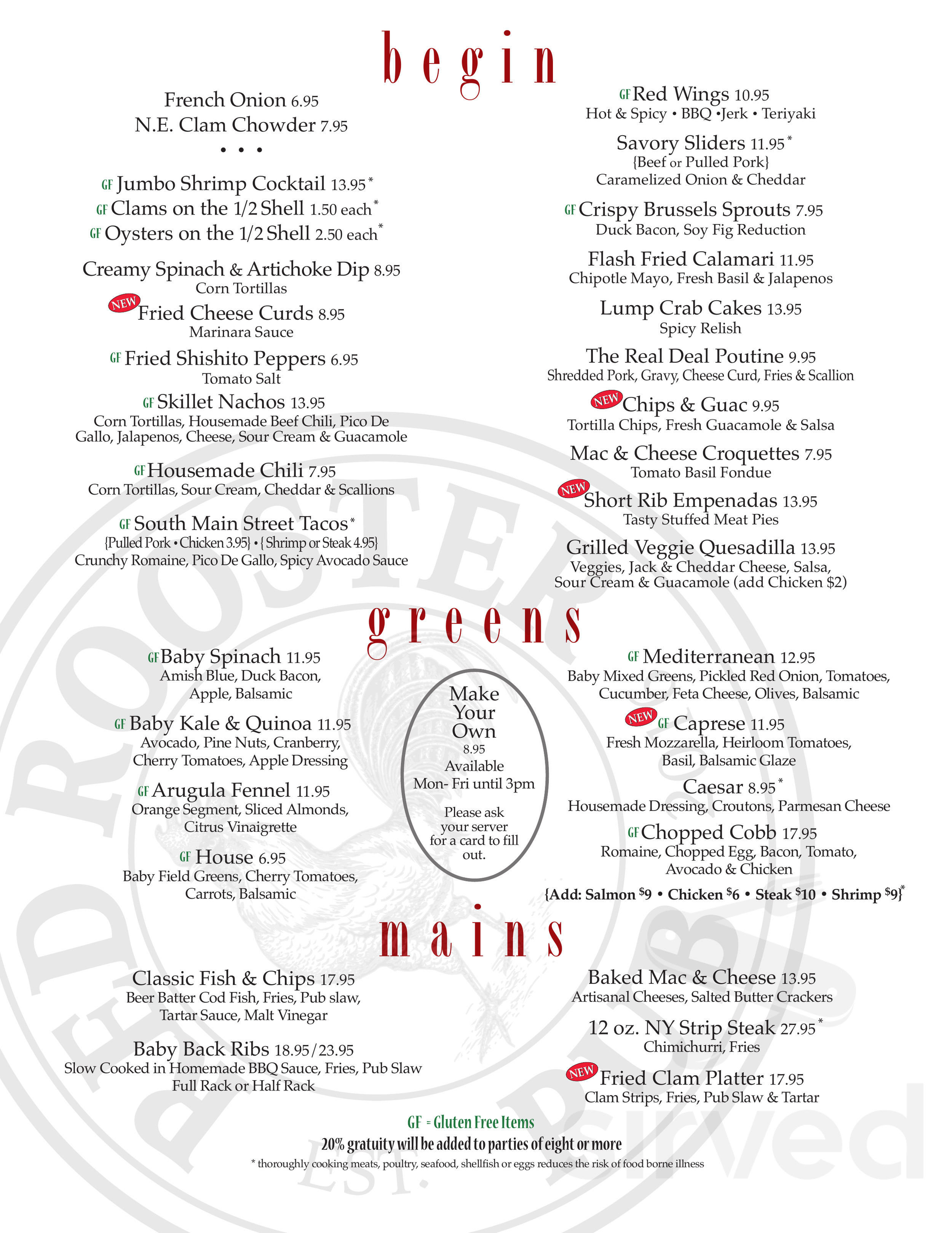 Red Rooster Pub menu in Wilton, Connecticut, USA