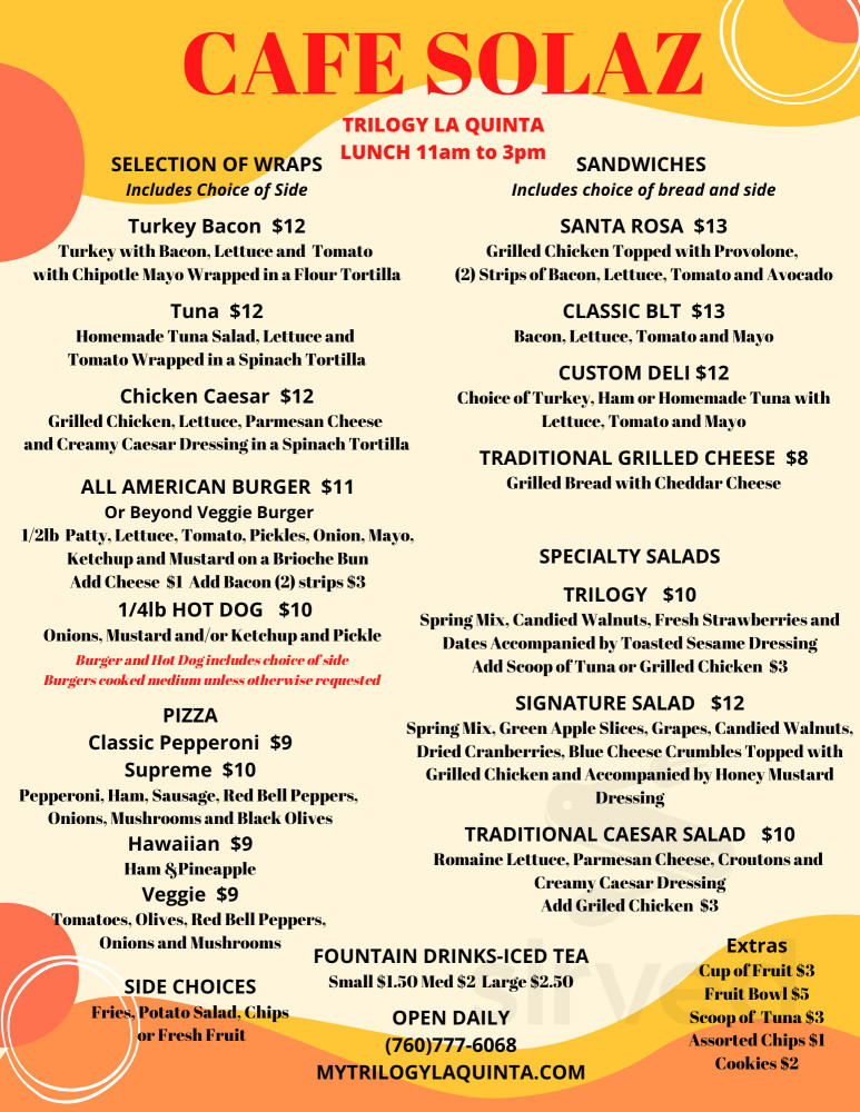 Menu for Café Solaz in La Quinta, CA | Sirved