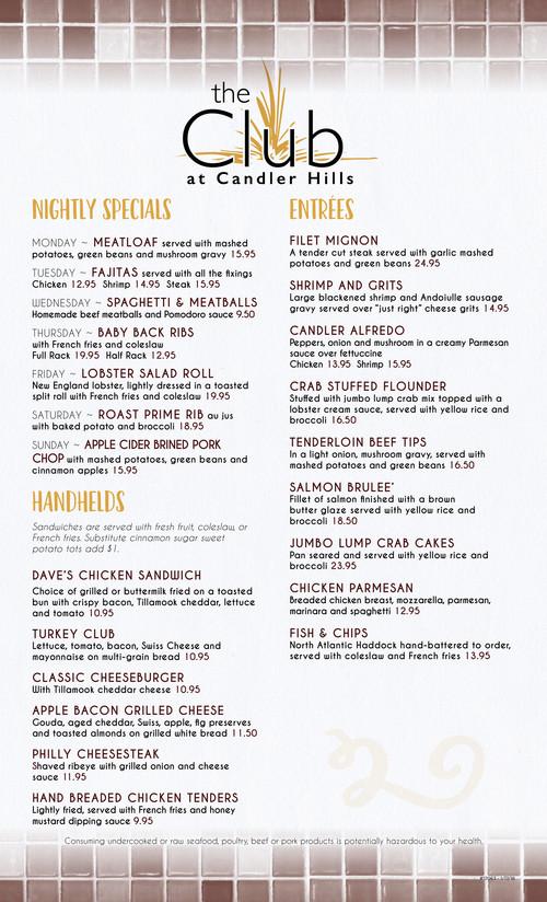 The Club at Candler Hills menu in Ocala, Florida, USA