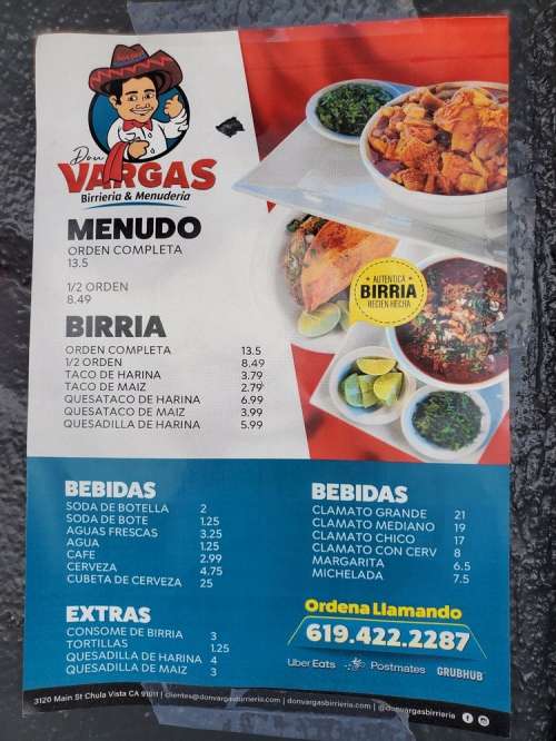 Don Vargas Birrieria menu in Chula Vista, California, USA