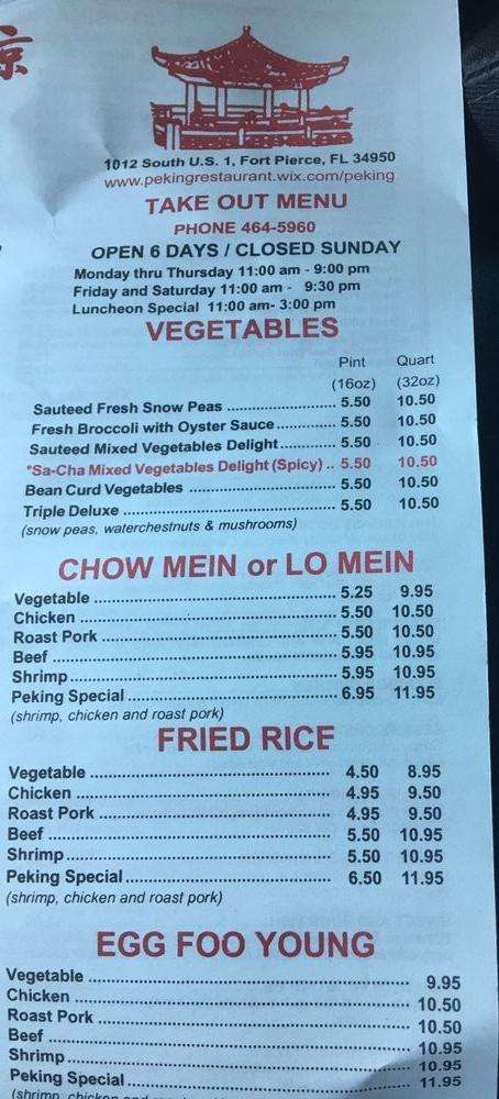 Peking Chinese Restaurant menu in Fort Pierce, Florida, USA