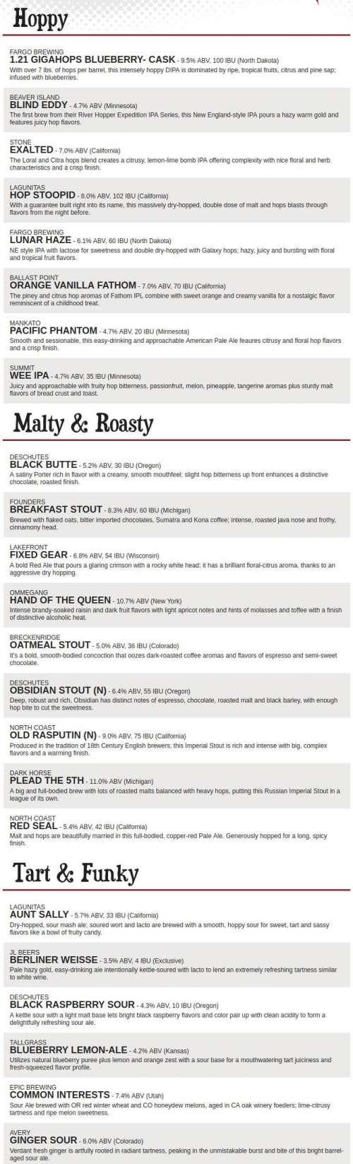 JL Beers menu in West Fargo, North Dakota, USA