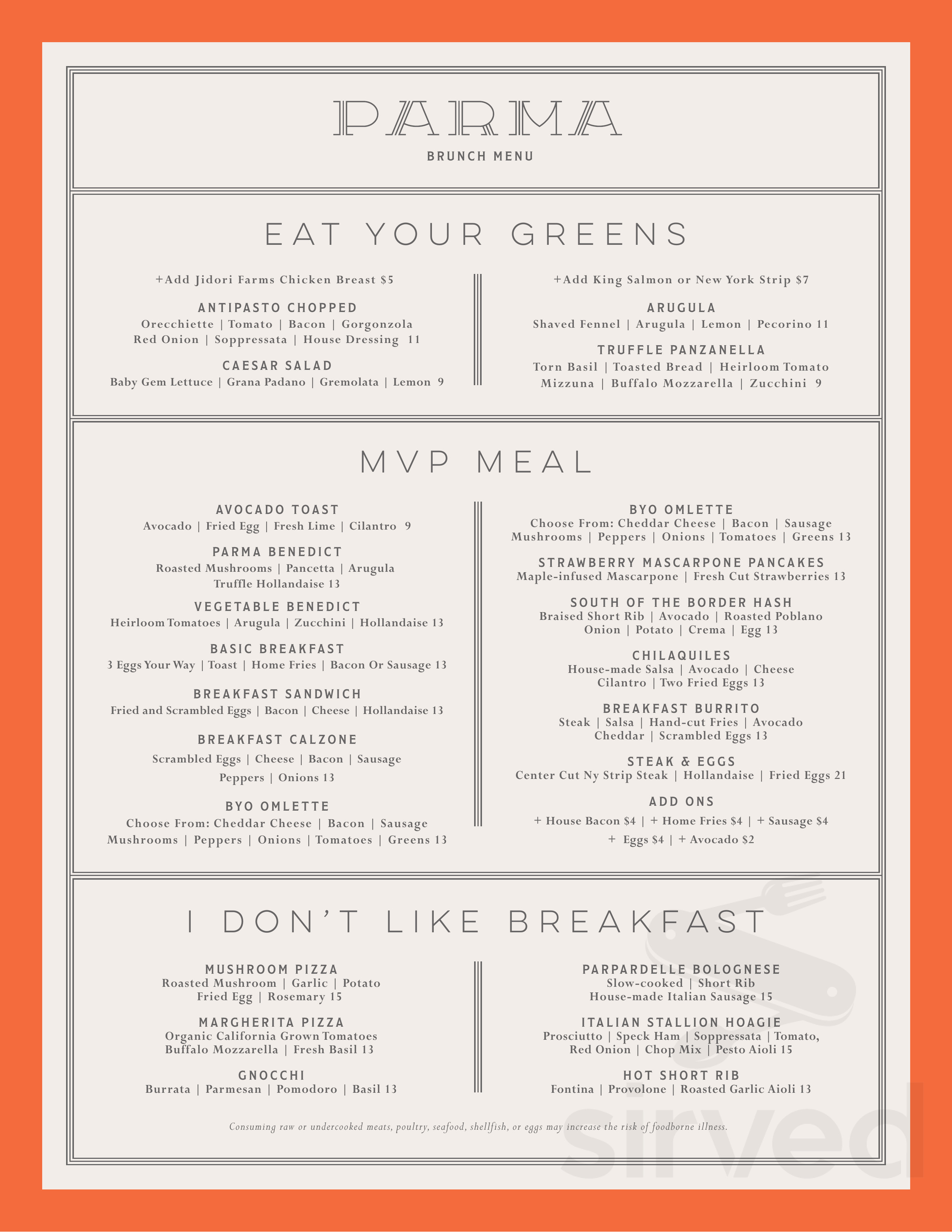 Parma Italian Roots menu in Scottsdale, Arizona, USA