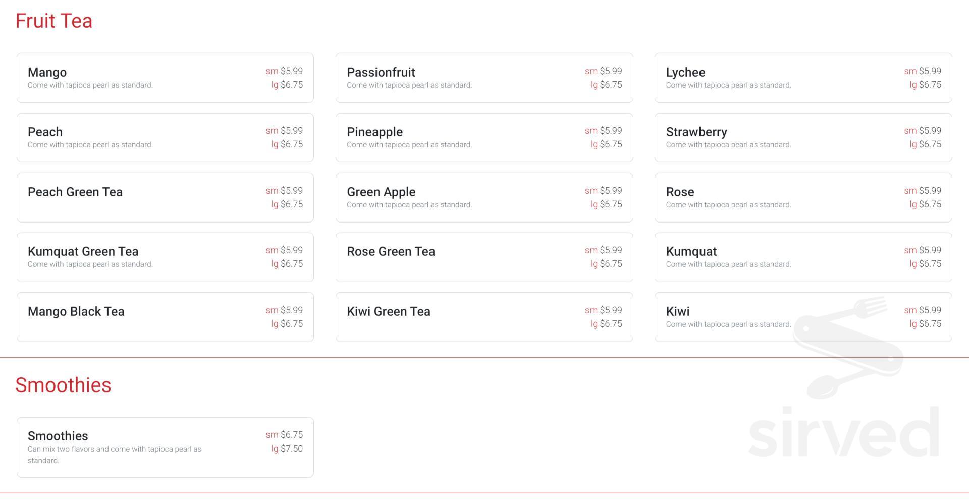 Tai Chi Bubble Tea menu in Chicago, Illinois, USA