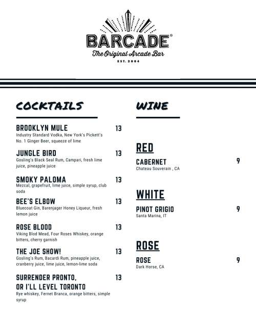 Barcade menu in Brooklyn, New York, USA