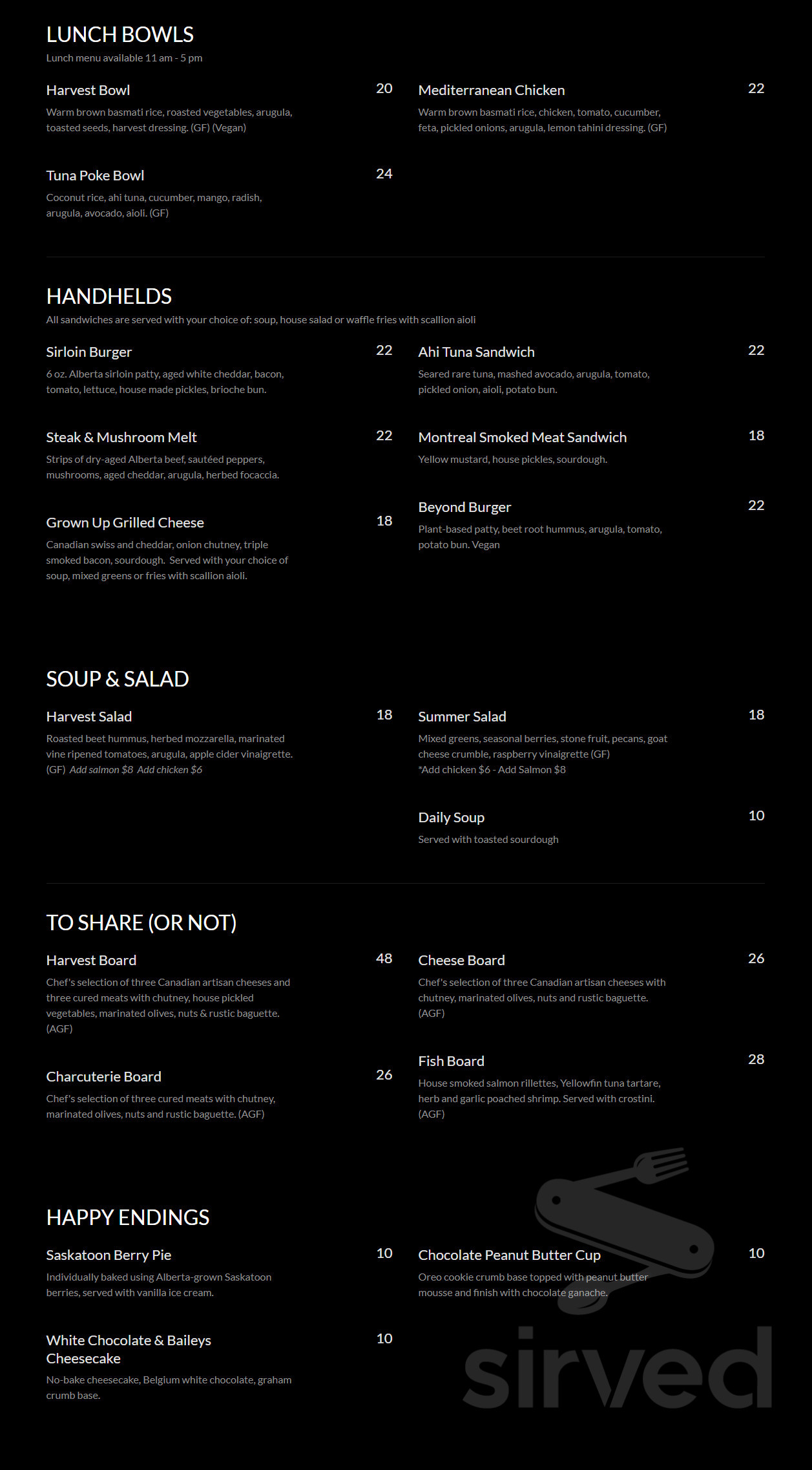 Menu - Jasper AB's Harvest Food & Drink | Sirved