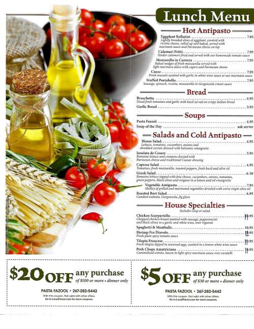 Pasta Fazool menu in Hatboro, Pennsylvania, USA