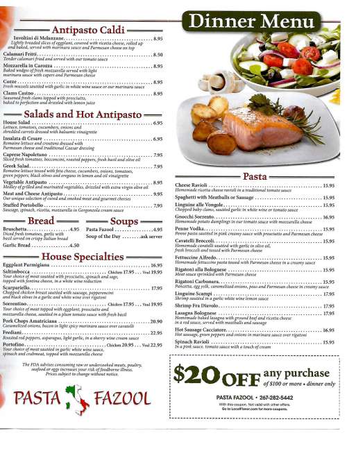 Pasta Fazool menu in Hatboro, Pennsylvania, USA