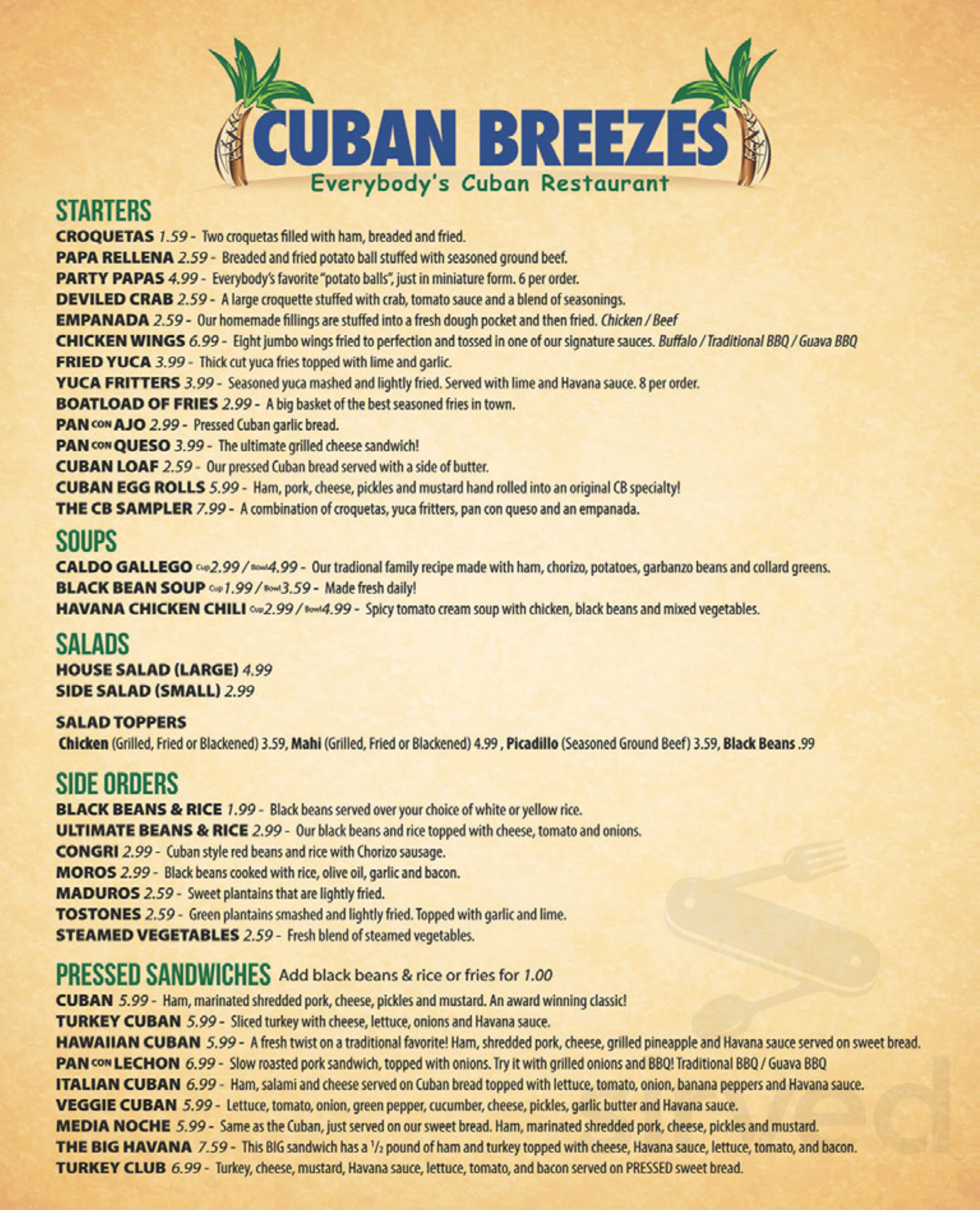 Menu for Cuban Breezes in Tampa, FL | Sirved