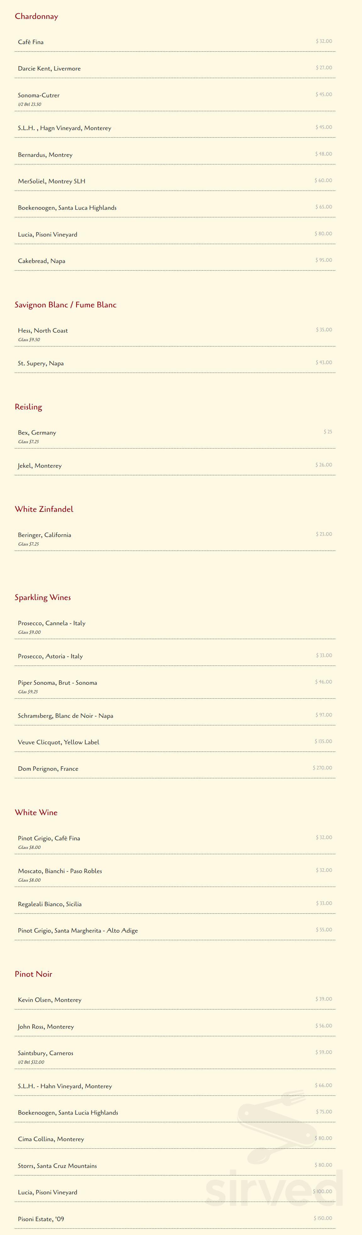 Menu - Monterey CA's Café Fina | Sirved