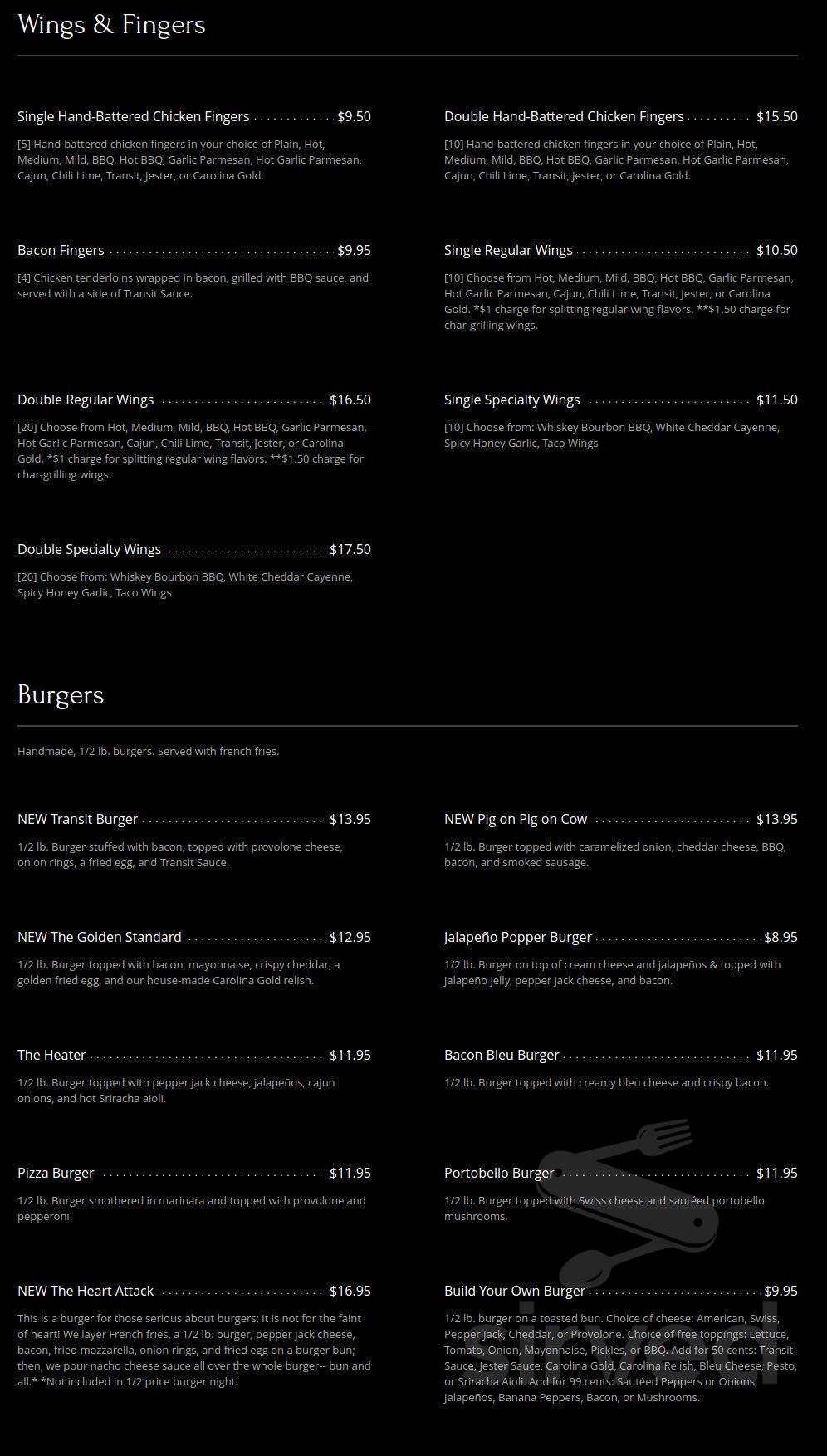 Menu - Depew NY's Transit Music Lounge | Sirved